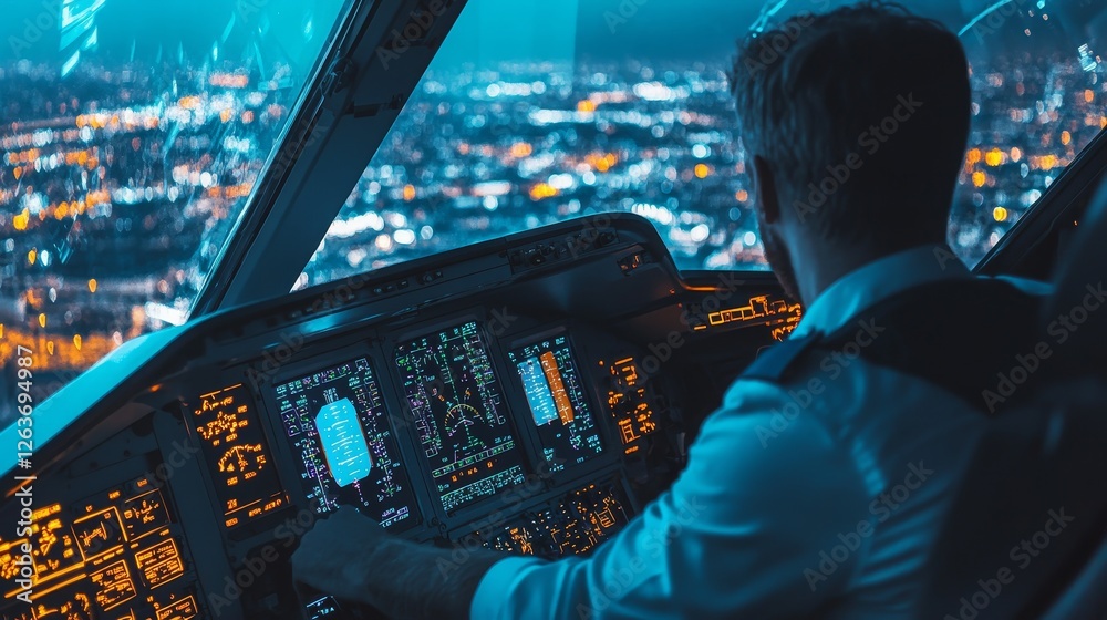 Airline pilot in uniform sitting in the cockpit, focused on flight ...