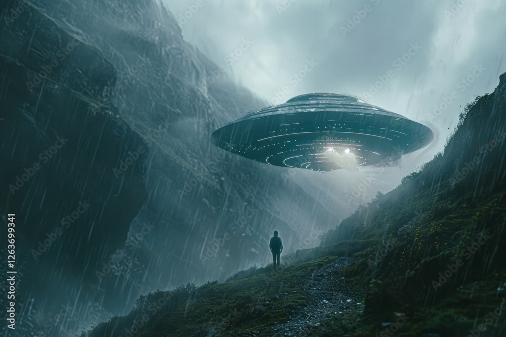 Alien, spaceship and UFO with lightning on mountain for fantasy ...