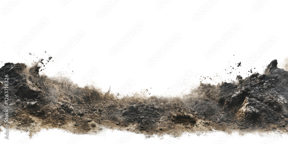 Dramatic explosion of dark soil and dust cloud on transparent ...