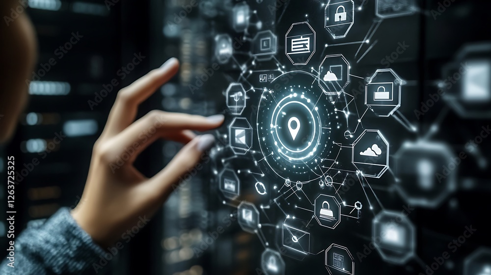 Hand interacting with a holographic interface showing location data and ...
