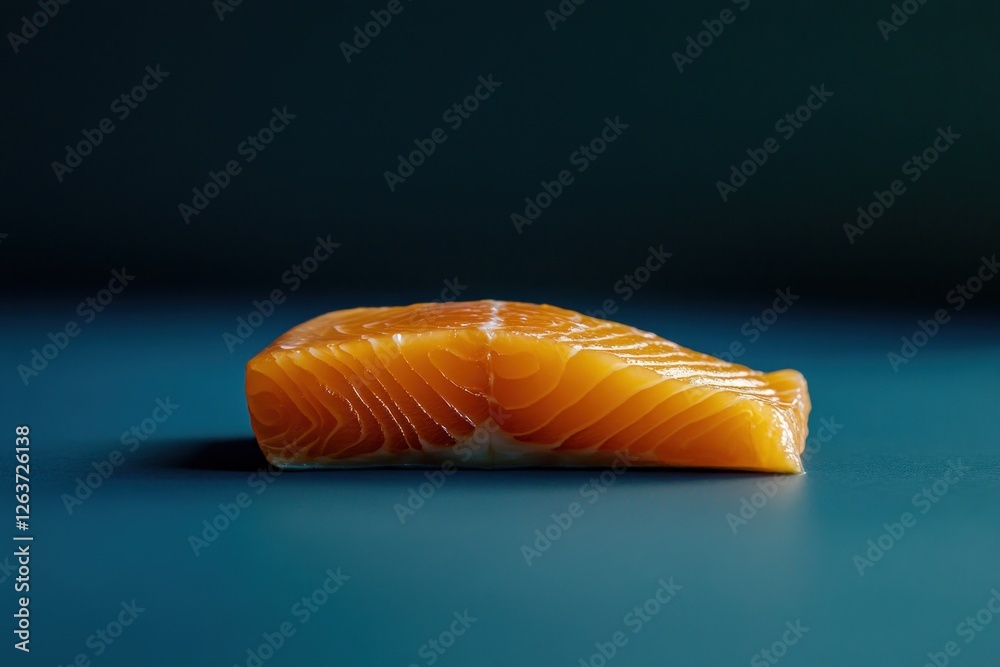 The image features a vibrant salmon fillet set against a dark blue ...