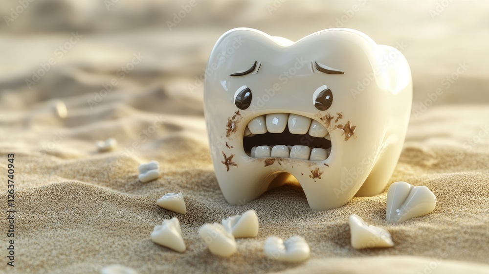 A 3D cartoon shows a tooth character in distress and frustration as it ...