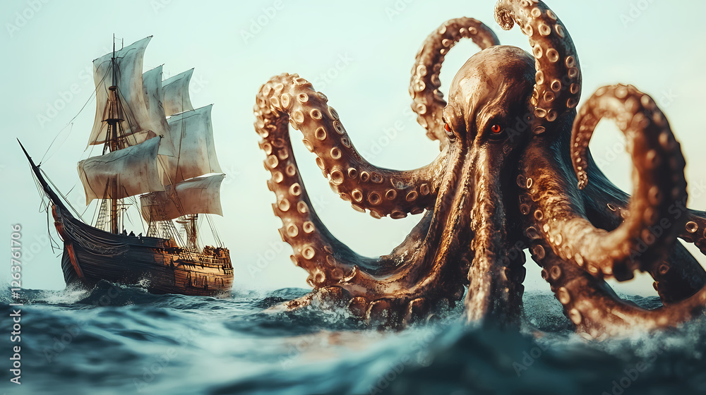 Ilustración de Stock Kraken's grasp digital painting of galleon vs ...