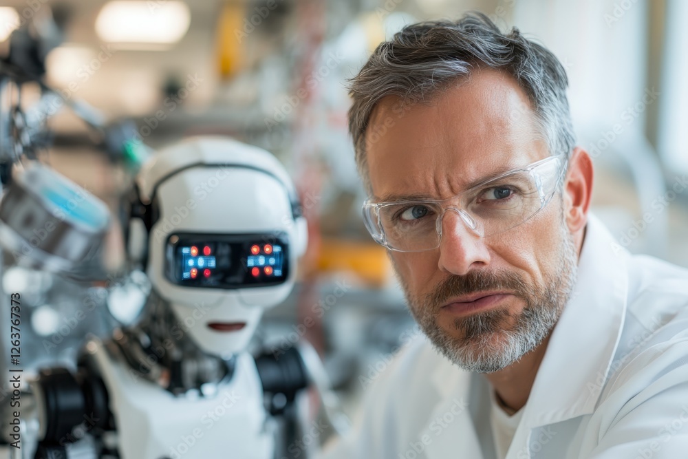 A focused man examines a robot closely, highlighting the relationship ...