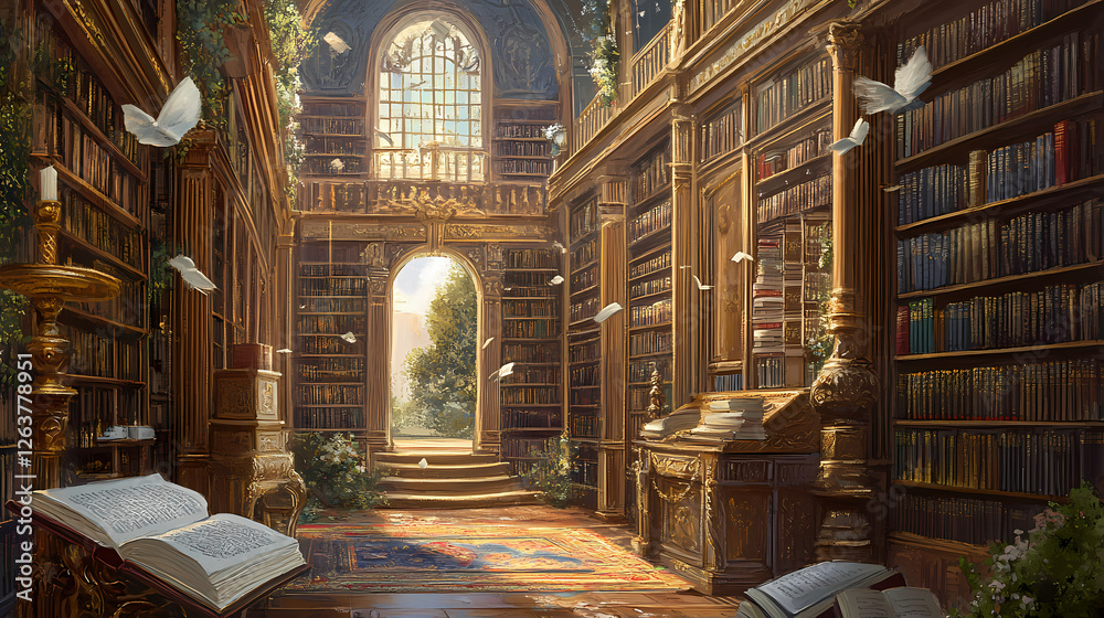 In a quiet library books fly off the shelves whispering secrets to the ...