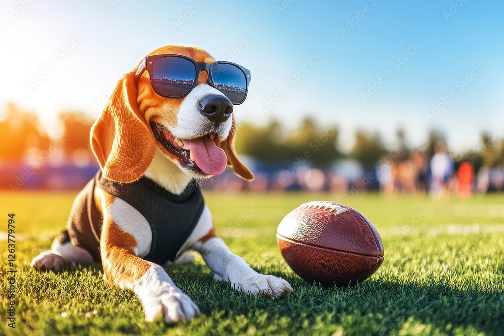 On a sports ground playground, a beagle in sunglasses is having fun ...