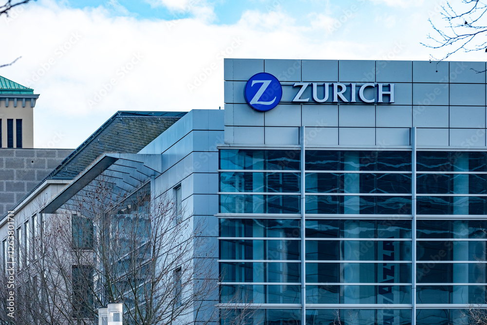 modern Zurich Foundation signage on glass facade skyscraper Swiss ...