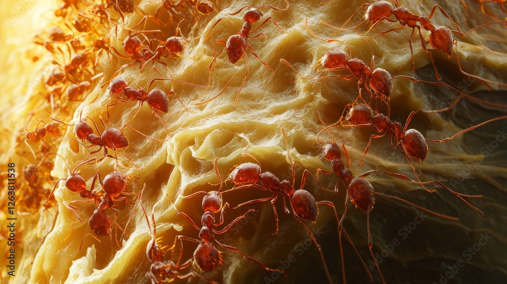 High-resolution macro of red fire ants clustered tightly around a blob ...