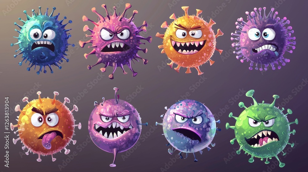 Cartoon viruses with comical facial expressions, bright gradient colors ...