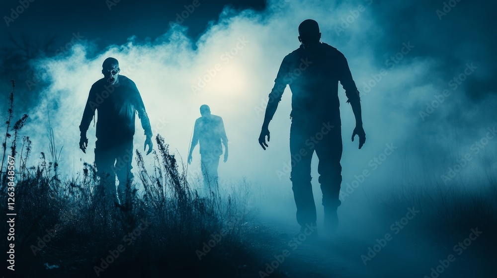 In layers of colorful fog, zombie-like figures reach, creating a ...