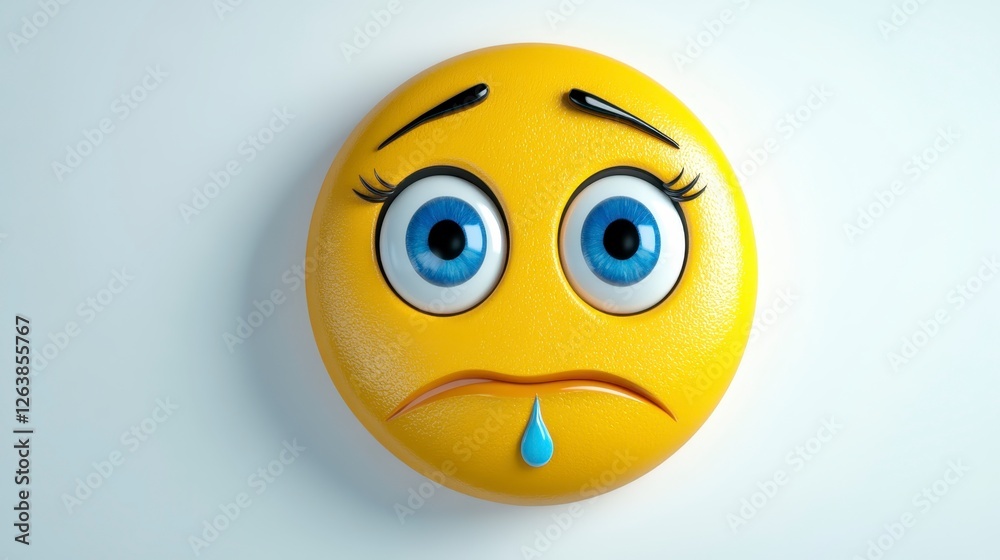 Sad face emoji with big blue eyes and tear on a white background Stock ...