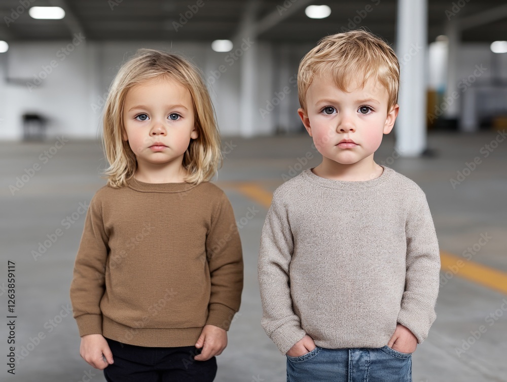 Two serious young children standing side by side in neutral colored ...