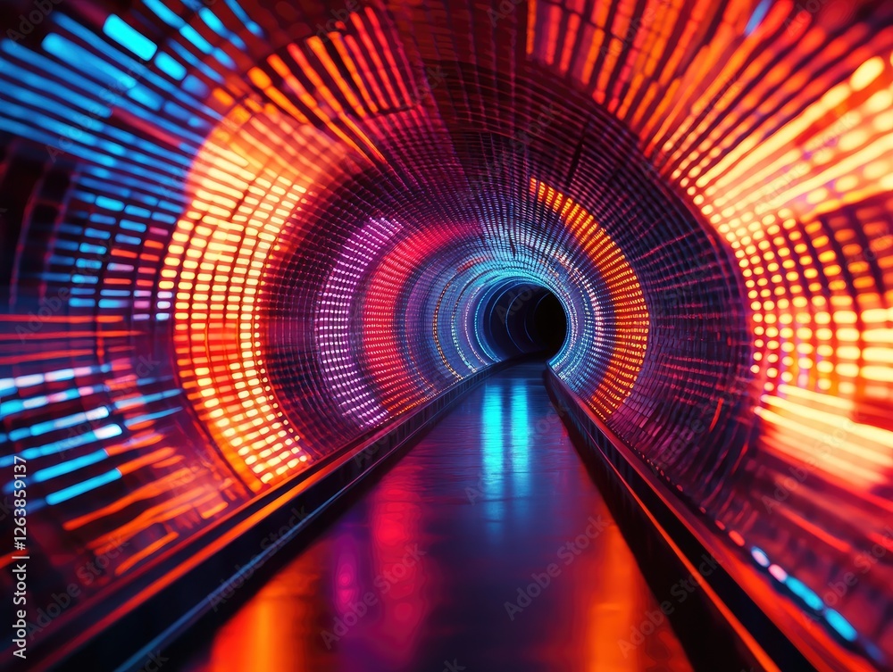 Illuminated tunnel, vibrant lights, futuristic pathway, digital art ...
