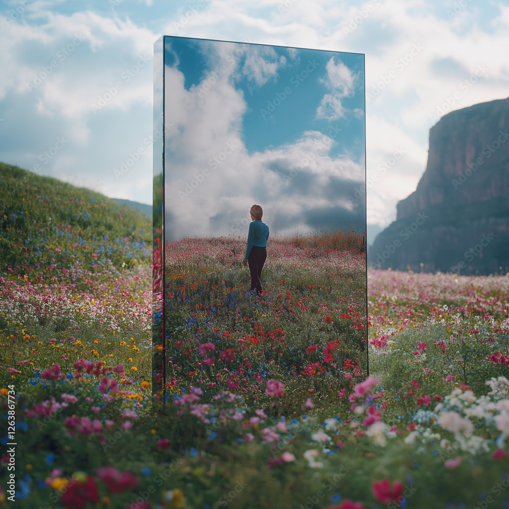 Surreal Model Walking Through Flower Field into a Mirror Room Stock ...