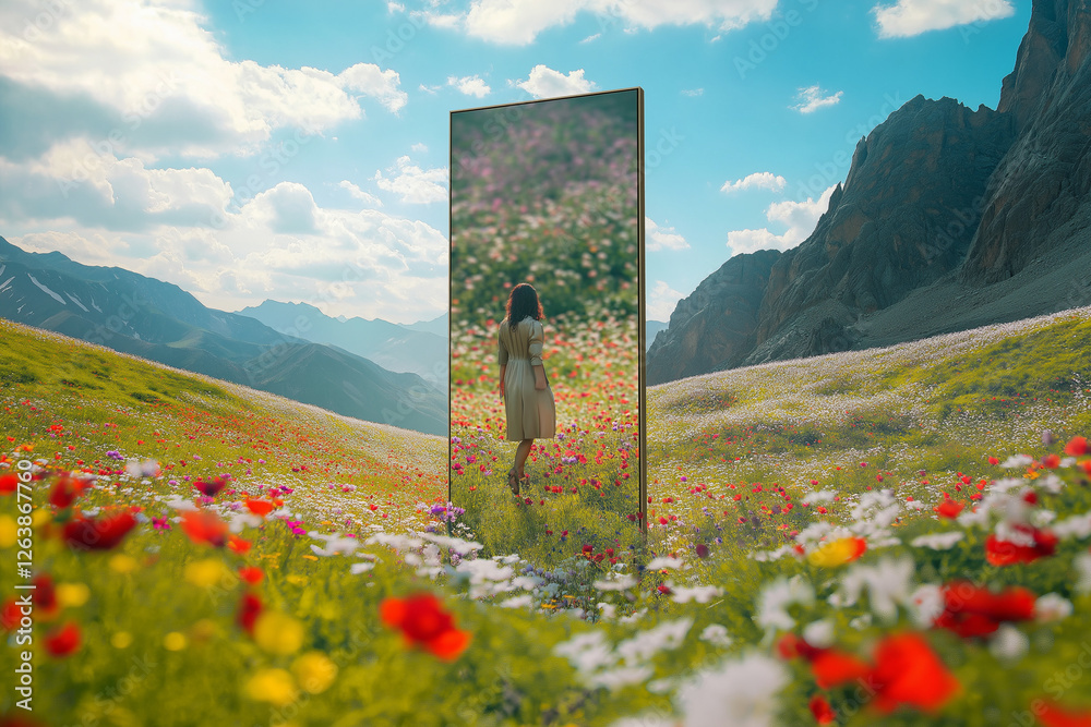 Surreal Model Walking Through Flower Field into a Mirror Room Stock ...