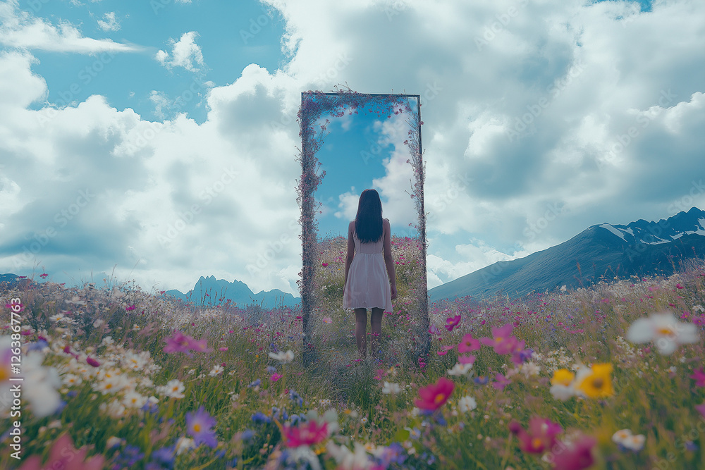 Surreal Model Walking Through Flower Field into a Mirror Room Stock ...