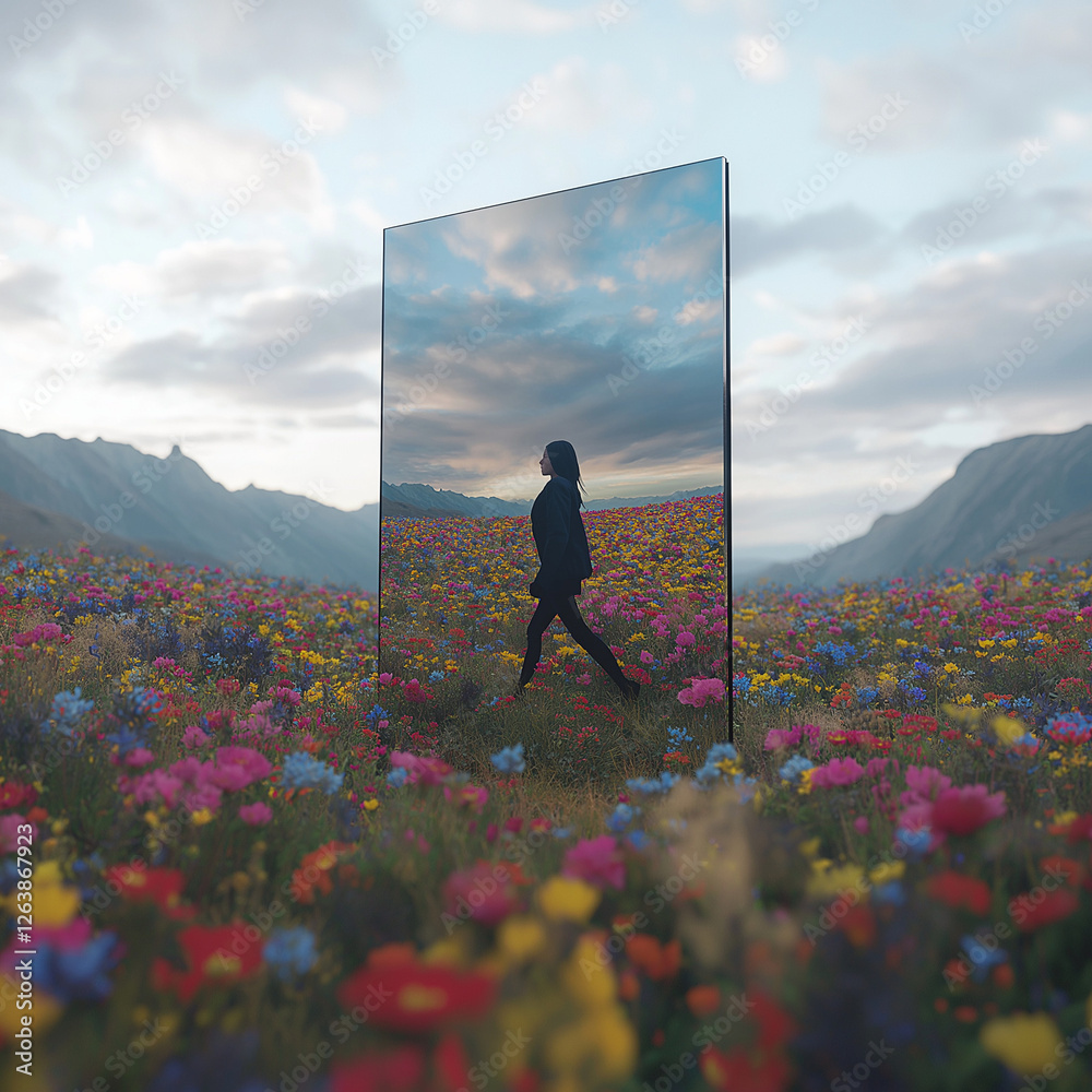 Surreal Model Walking Through Flower Field into a Mirror Room Stock ...
