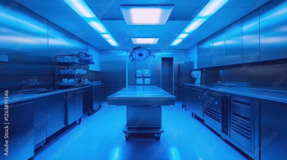 Sterile autopsy room, blue light, stainless steel, medical procedure ...