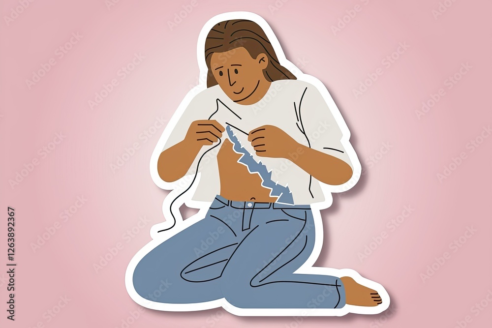 Cartoon illustration of a woman sewing a ripped shirt on pink ...