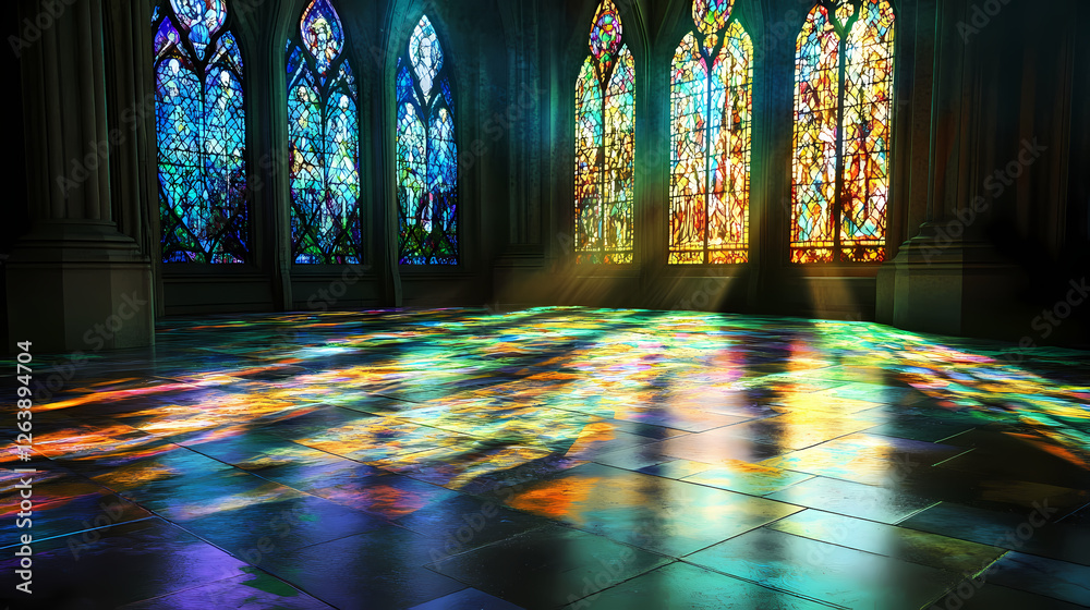 Stained glass window light illuminates church floor. Emerald Glass ...