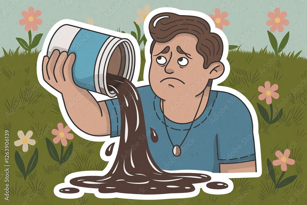 Sad Cartoon Man Spilling Brown Liquid in a Flower Field, Hand-Drawn ...