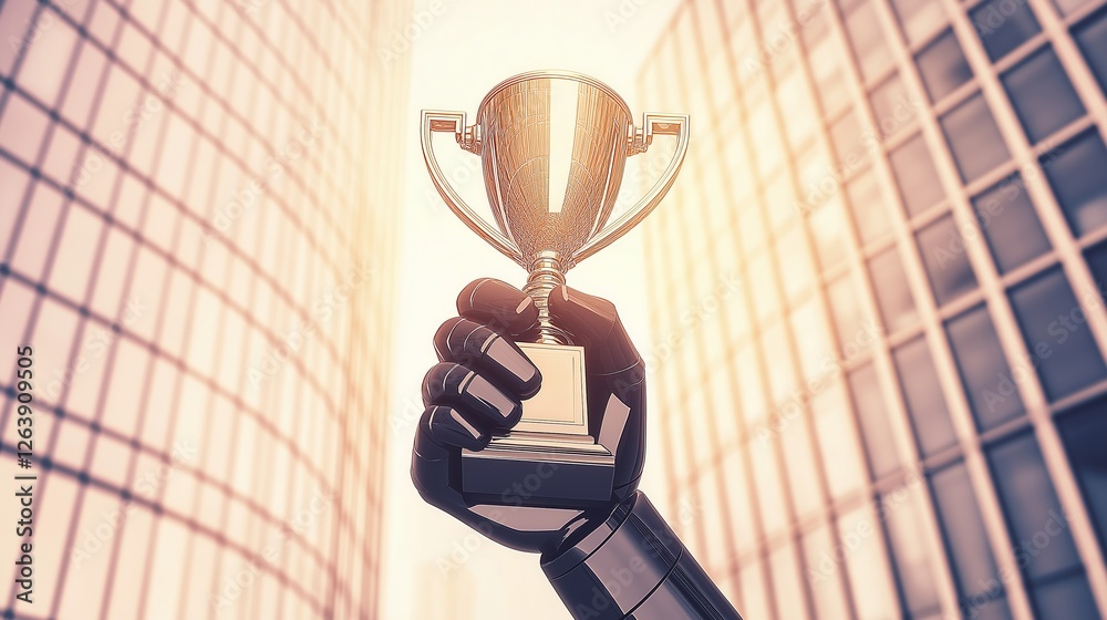 A humanoid AI agent robot holding a trophy symbolizing autonomy and ...