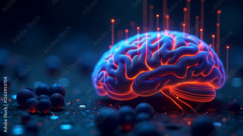 rendering human brain brain center surrounded small spheres side ...