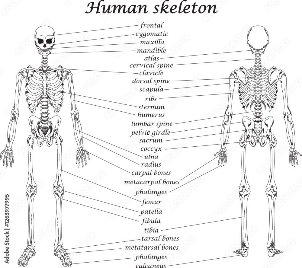 Human anatomy vector skeleton silhouette bone names medicine biology ...