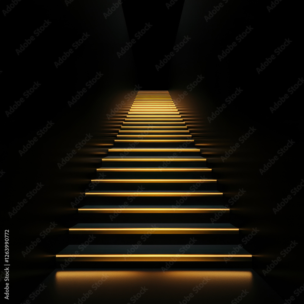 Endless stairs illuminated in golden tones against black background ...