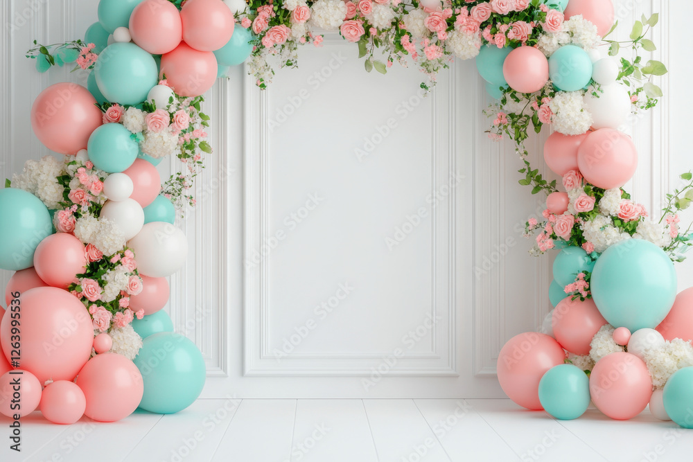 Beautiful balloon arch with pastel colors and floral accents, perfect ...