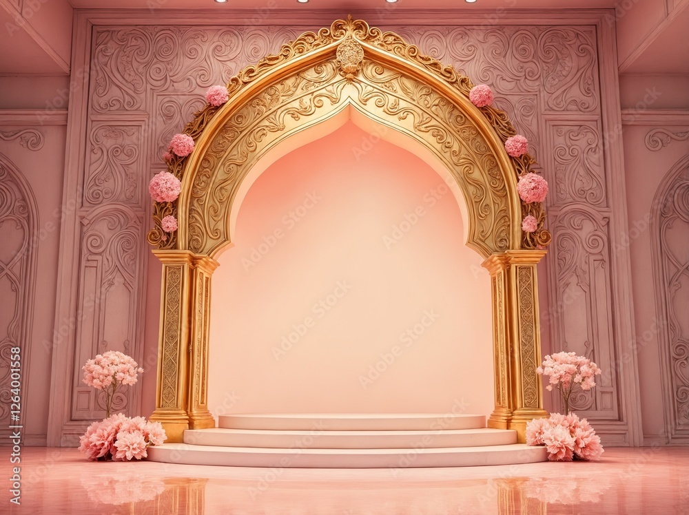 3d elegant rose gold golden majestic islamic mosque arch gate wedding ...