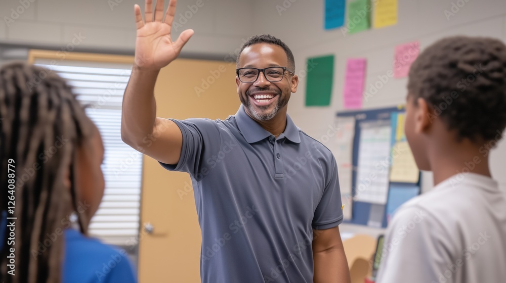 High-Five in the Classroom: A smiling, enthusiastic teacher gives a ...