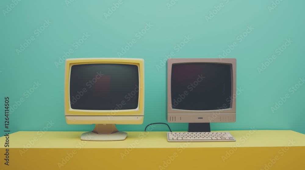 Two vintage computers sit side by side on a pastel-colored background ...