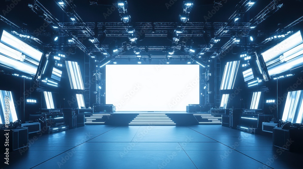 High-tech performance stage with futuristic rigging system, blank white ...