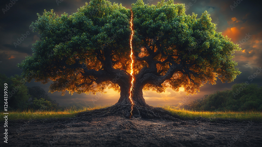 A single tree split into vibrant life and desolate decay, with a ...