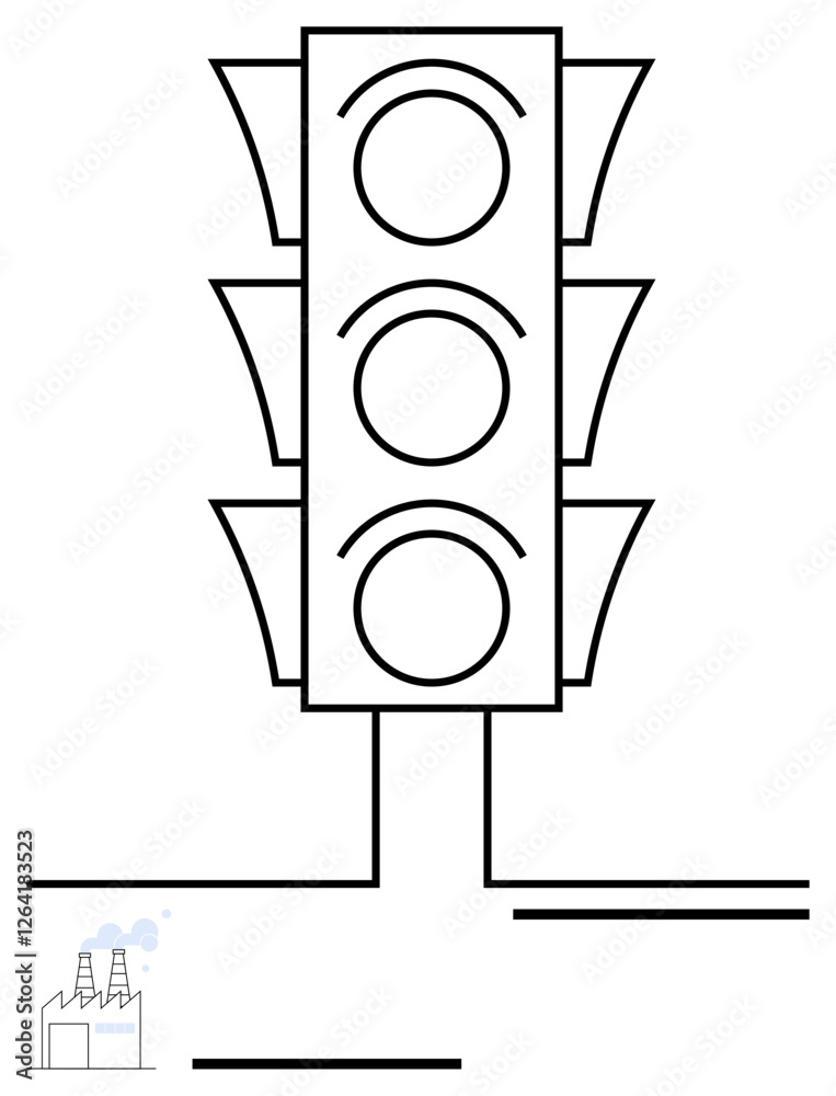 Traffic light with three empty signal circles connected to roads, lined framework, and a factory ...