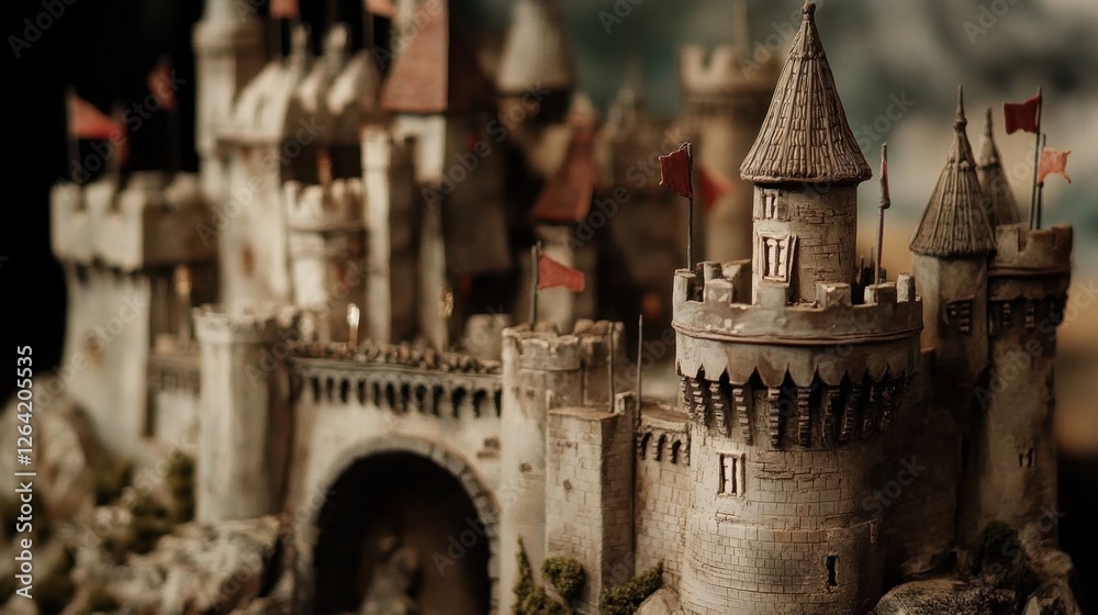 A detailed clay model of a miniature fantasy castle with tiny towers ...