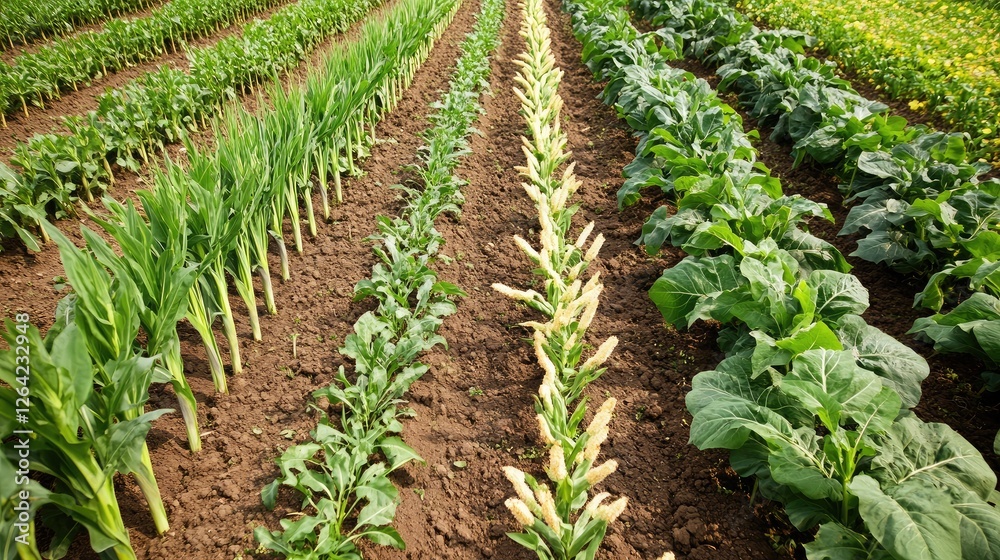 Aerial view of a farm practicing intercropping with tall and short ...