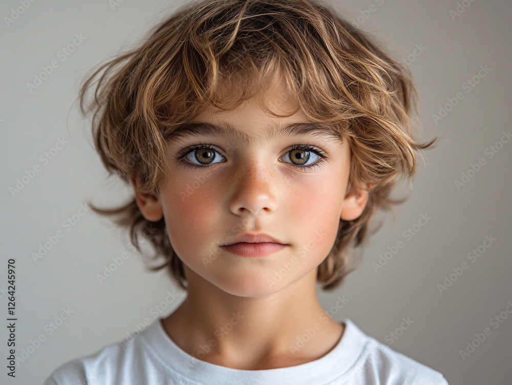 Young boy age eight casual t-shirt soft natural lighting expressive ...