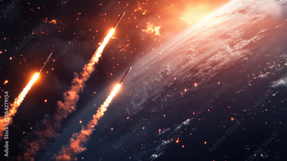 Missile effect, rocket fire trails with black smoke, spacecraft startup ...