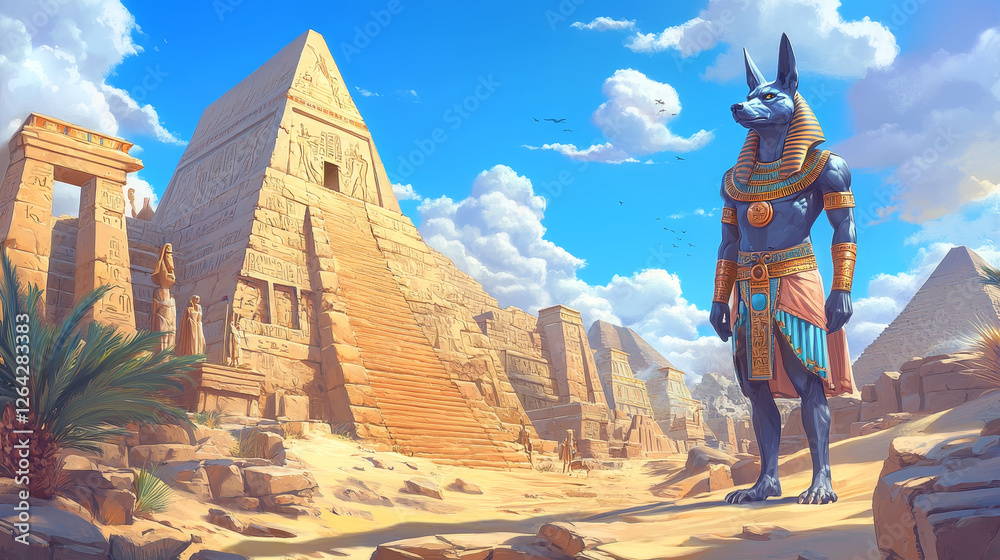 Game banner about Secrets of Egypt with Anubis and pyramids on desert ...