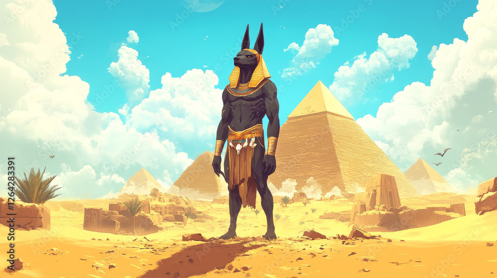 Game banner about Secrets of Egypt with Anubis and pyramids on desert ...