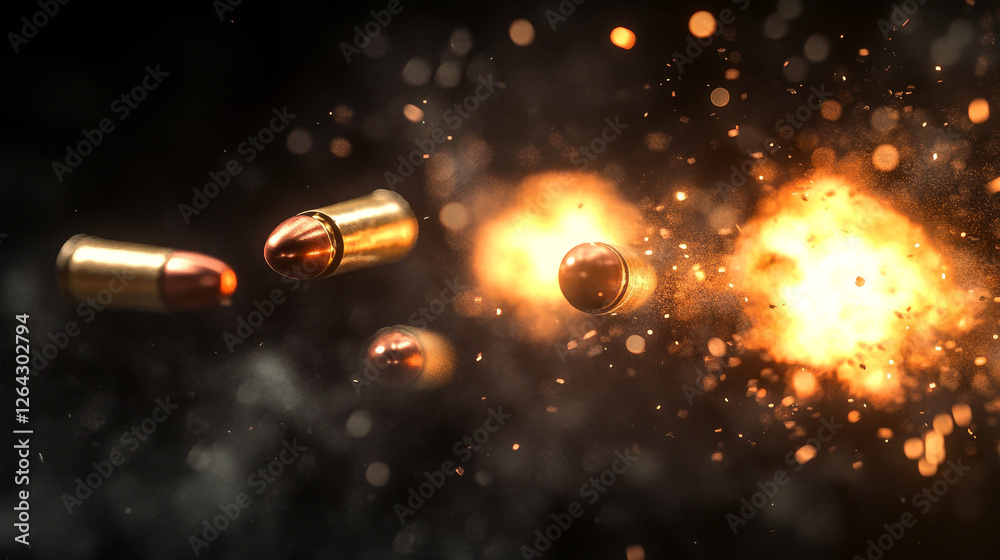 Gun flashes with smoke and fire sparkles. Pistol shots clouds, muzzle ...
