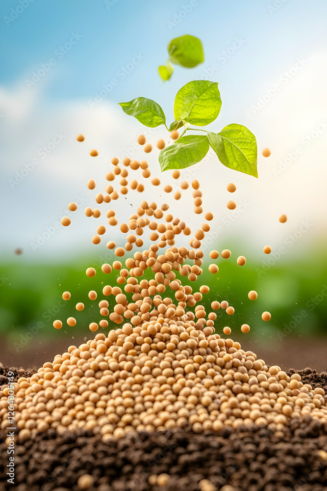 Soybean seeds and seedling falling on soil, farm background ...