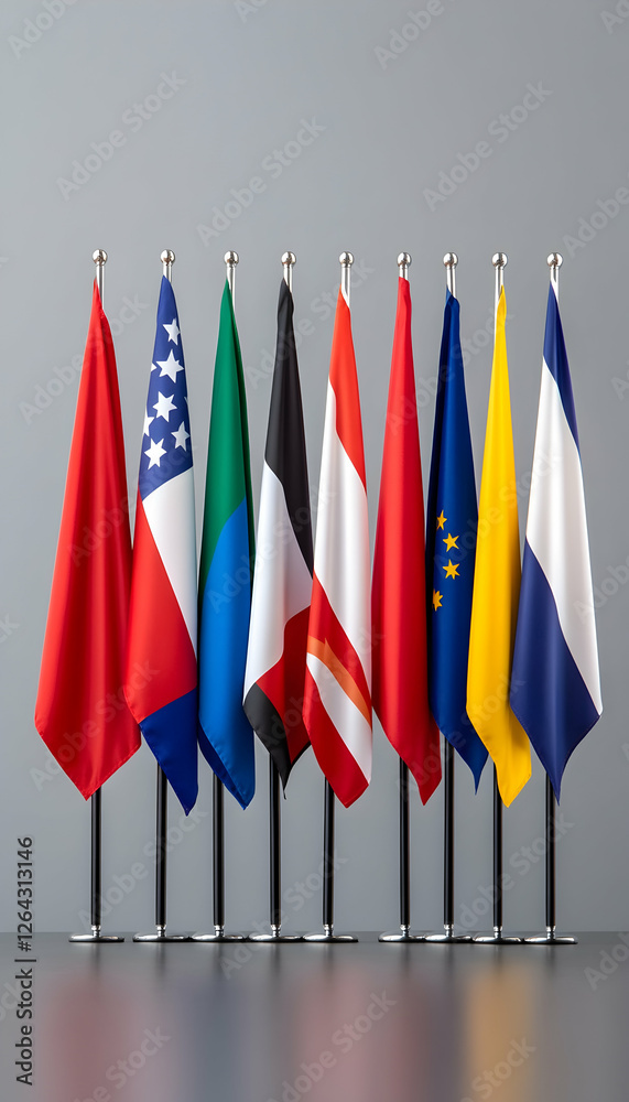 World flags waving together on neutral background for international ...