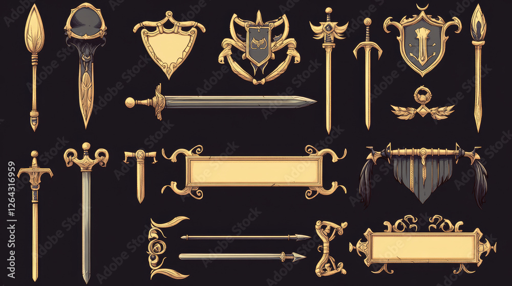 Fantasy frames with medieval weapon for rpg game ui design. Vector ...