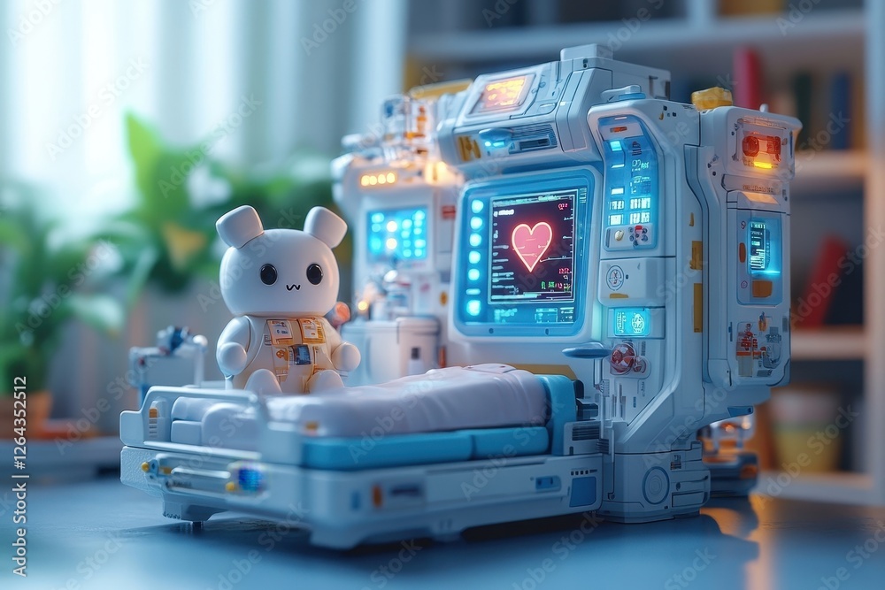 Cute Toy Robot in High-Tech Hospital Room with Heart Monitor Display ...