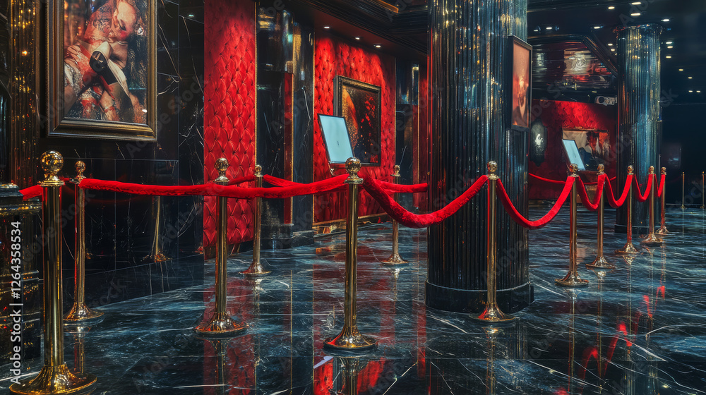 Red rope barrier with gold and silver stanchions. Velvet fence for ...