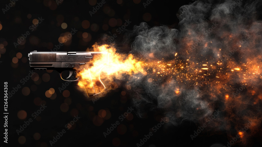 Gun shot with fire and smoke. Weapon firing effects. Vector realistic ...