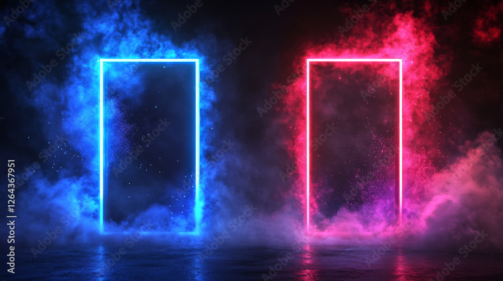 Neon futuristic door frame with glowing and steam effect. Realistic ...